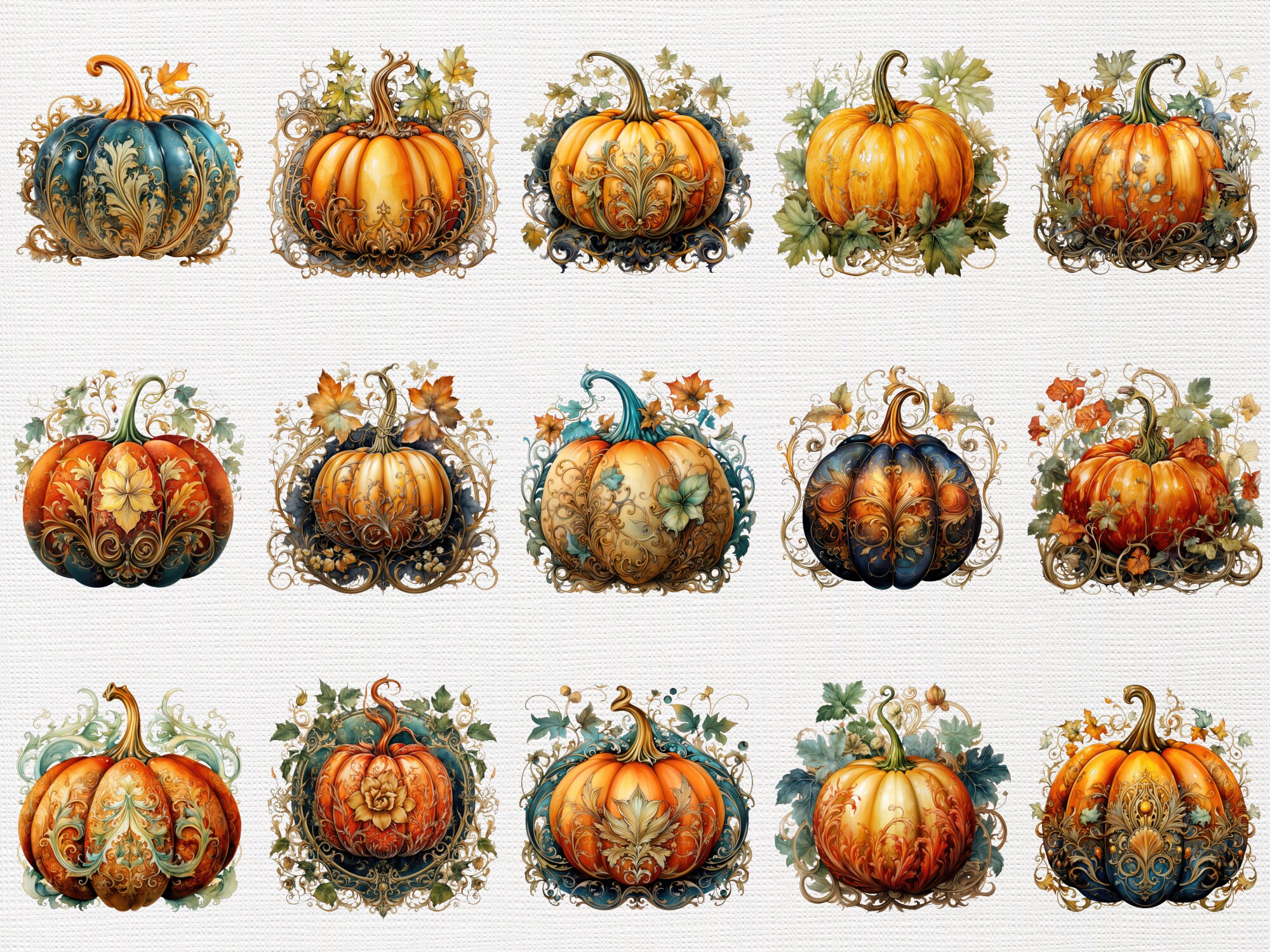 Boho Pumpkin Clipart Bundle of 36 Quality Transparent Watercolor Png ...