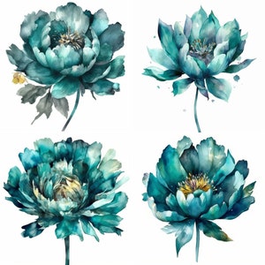 Flower Teal Clipart - Set of 12 High-quality Floral PNG - Digital ...