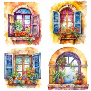 Watercolor Mediterranean Window Art, Scenic View Design, Sunlit Seaside ...