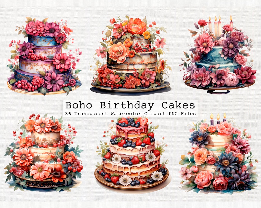 Boho Birthday Cake Clipart Bundle of 36 Quality Transparent Watercolor ...