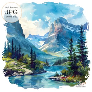 Glacier National Park, Watercolor Mountain Landscape Clipart, Digital ...