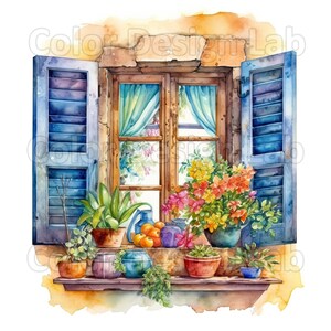 Watercolor Mediterranean Window Art, Scenic View Design, Sunlit Seaside ...