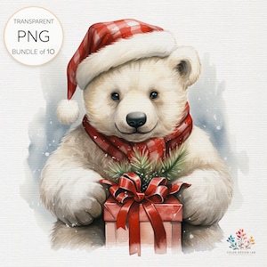 Christmas Polar Bear Clipart, Cute Polar Bear in Santa Hat, Watercolor ...