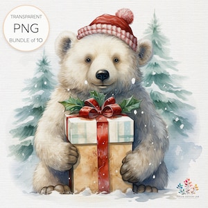 Christmas Polar Bear Clipart, Cute Polar Bear in Santa Hat, Watercolor ...