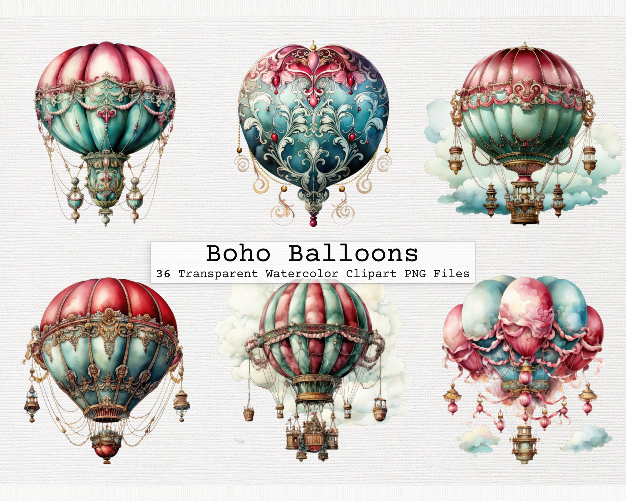 Boho Balloon Clipart Bundle of 36 Quality Transparent Watercolor Png ...