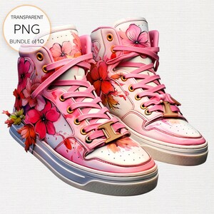 Pink Floral Sneakers Clipart - Fashionable Footwear Illustration PNG ...