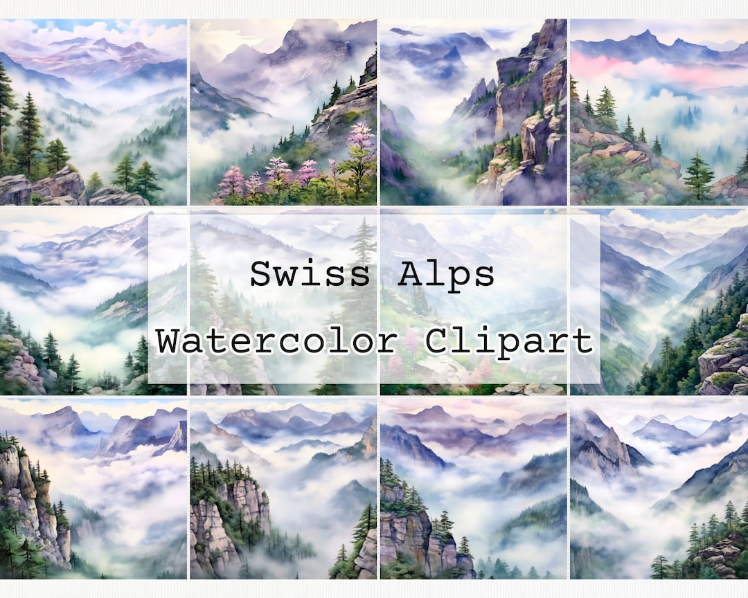 Swiss Alps Wall Art Watercolor Clipart of Swiss Alps Commercial License ...