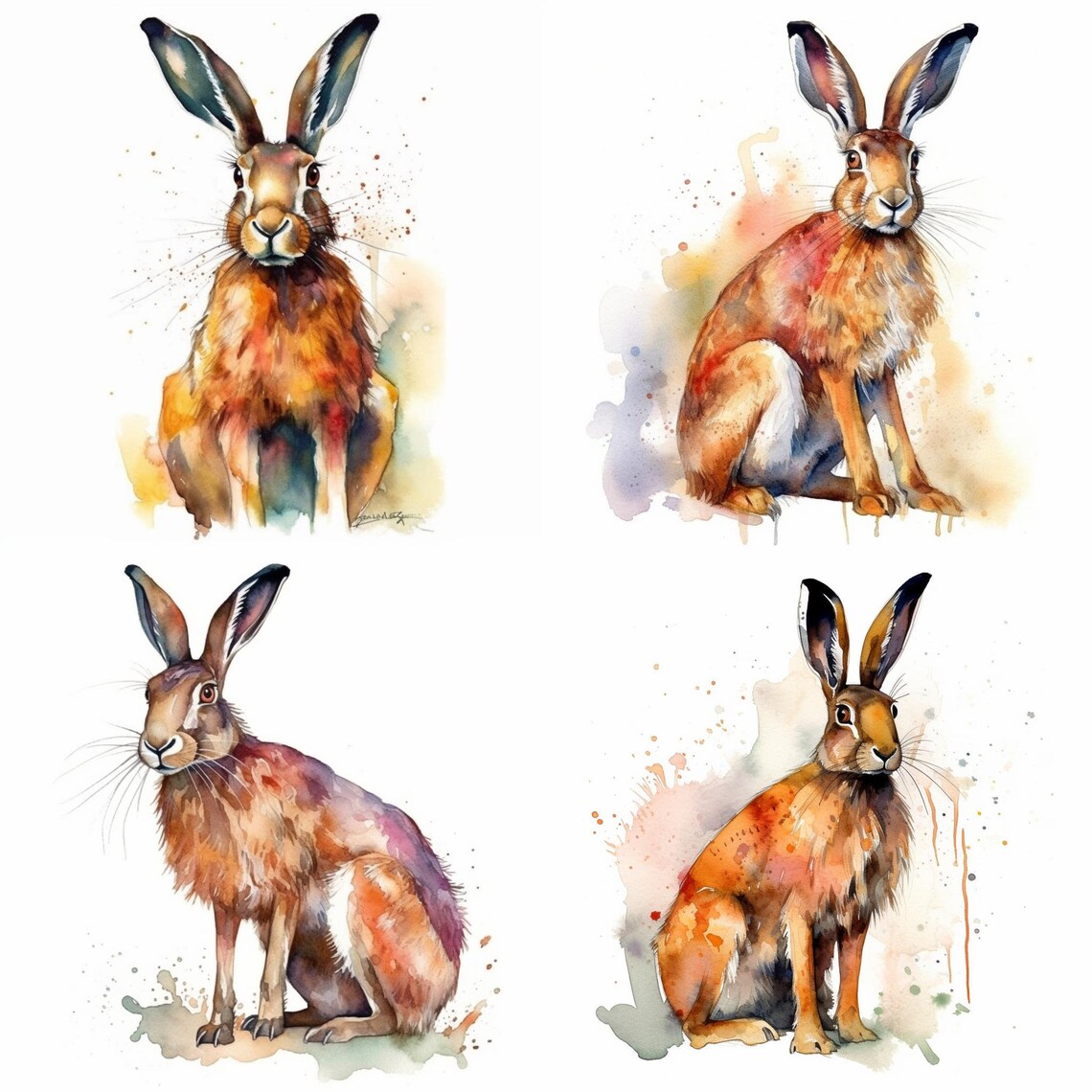Hare Clipart Set of 8, High-quality PNG, Watercolor Hare Instant ...