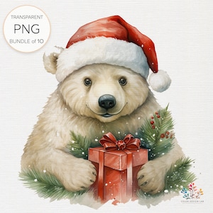 Christmas Polar Bear Clipart, Cute Polar Bear in Santa Hat, Watercolor ...