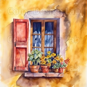 Watercolor Mediterranean Window Art, Scenic View Design, Sunlit Seaside ...