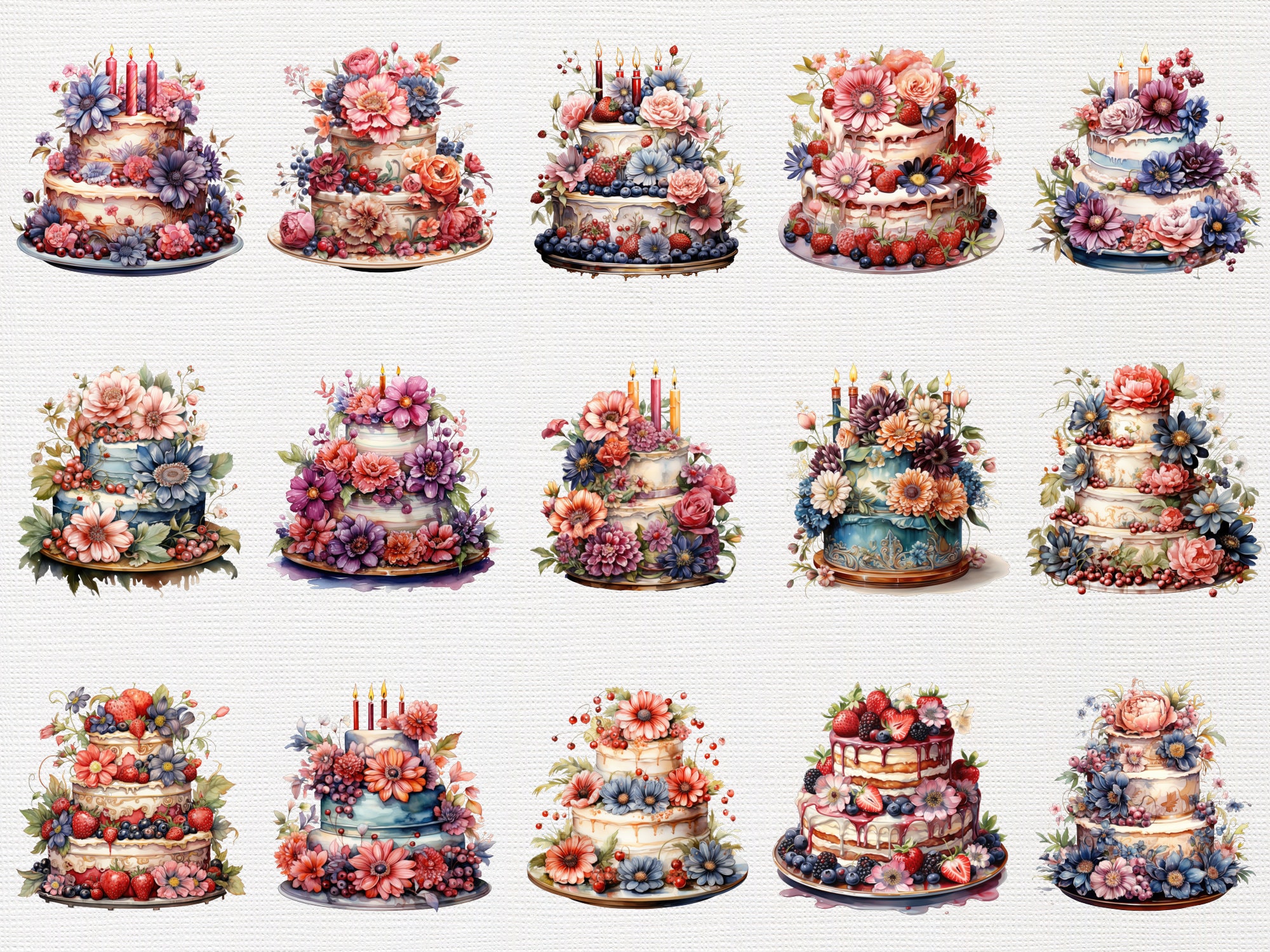Boho Birthday Cake Clipart Bundle of 36 Quality Transparent Watercolor ...