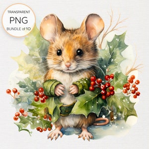 Christmas Mouse Clipart, Cute Mouse in Santa Hat, Watercolor Christmas ...