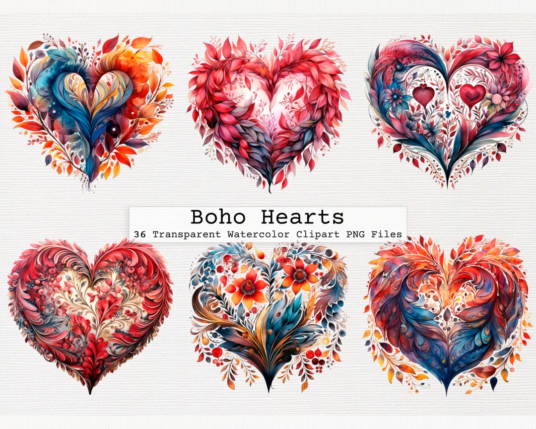 Boho Heart Clipart Bundle of 36 Quality Transparent Watercolor Png ...