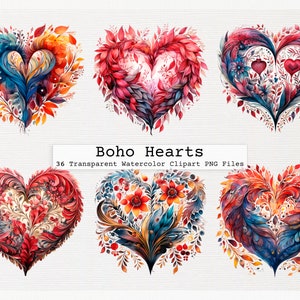 Boho Heart Clipart Bundle of 36 Quality Transparent Watercolor Png ...