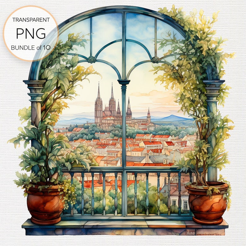 Set of 10 Watercolor Victorian Window View Clipart Pngs for Card Making ...