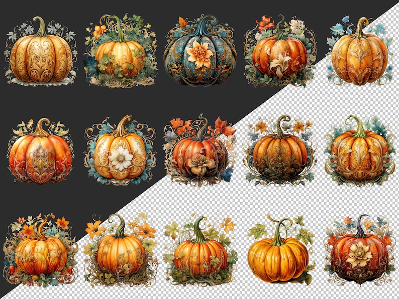 Boho Pumpkin Clipart Bundle of 36 Quality Transparent Watercolor Png ...