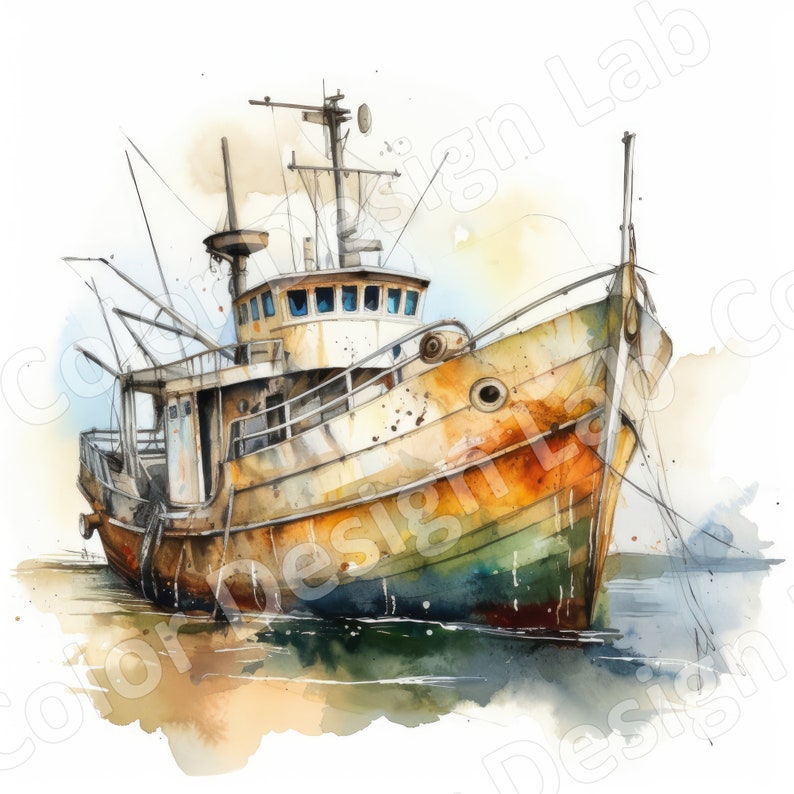 Nautical Trawler Boat Art Printable Clipart, 4 High-resolution Trawler ...