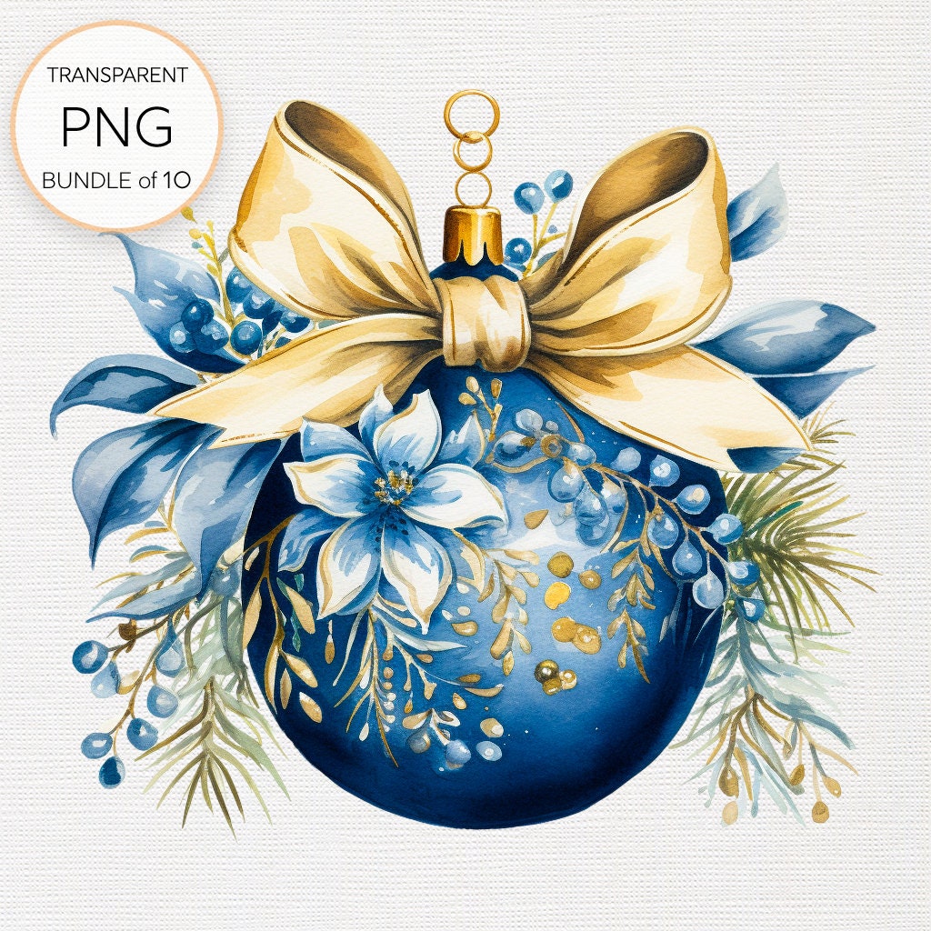 Blue Christmas Decorations Clipart Set of 10 PNG Art Images, Digital ...