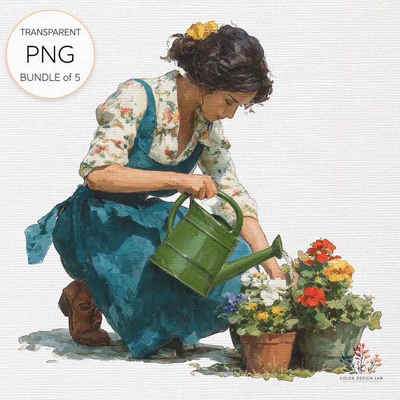 Watercolor Woman Planting Flowers Clipart: Transparent PNG Bundle - Etsy