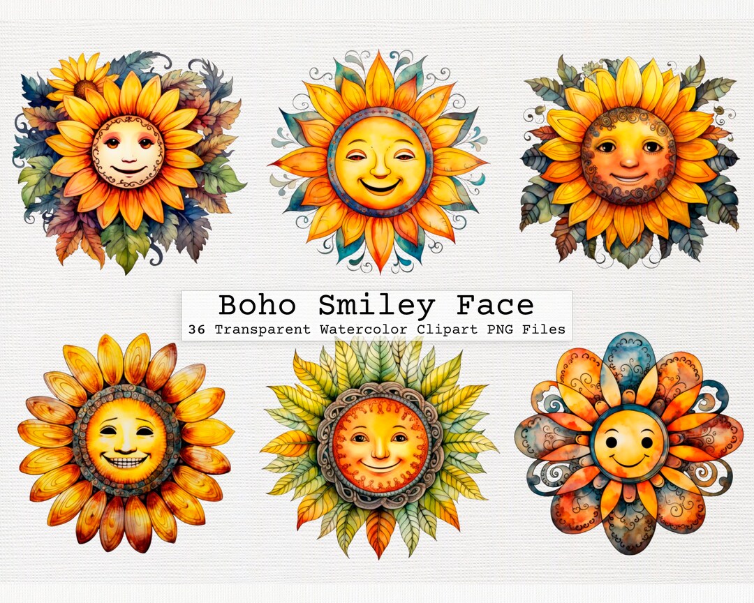 Boho Smiley Face Clipart Bundle of 36 Quality Transparent Watercolor ...