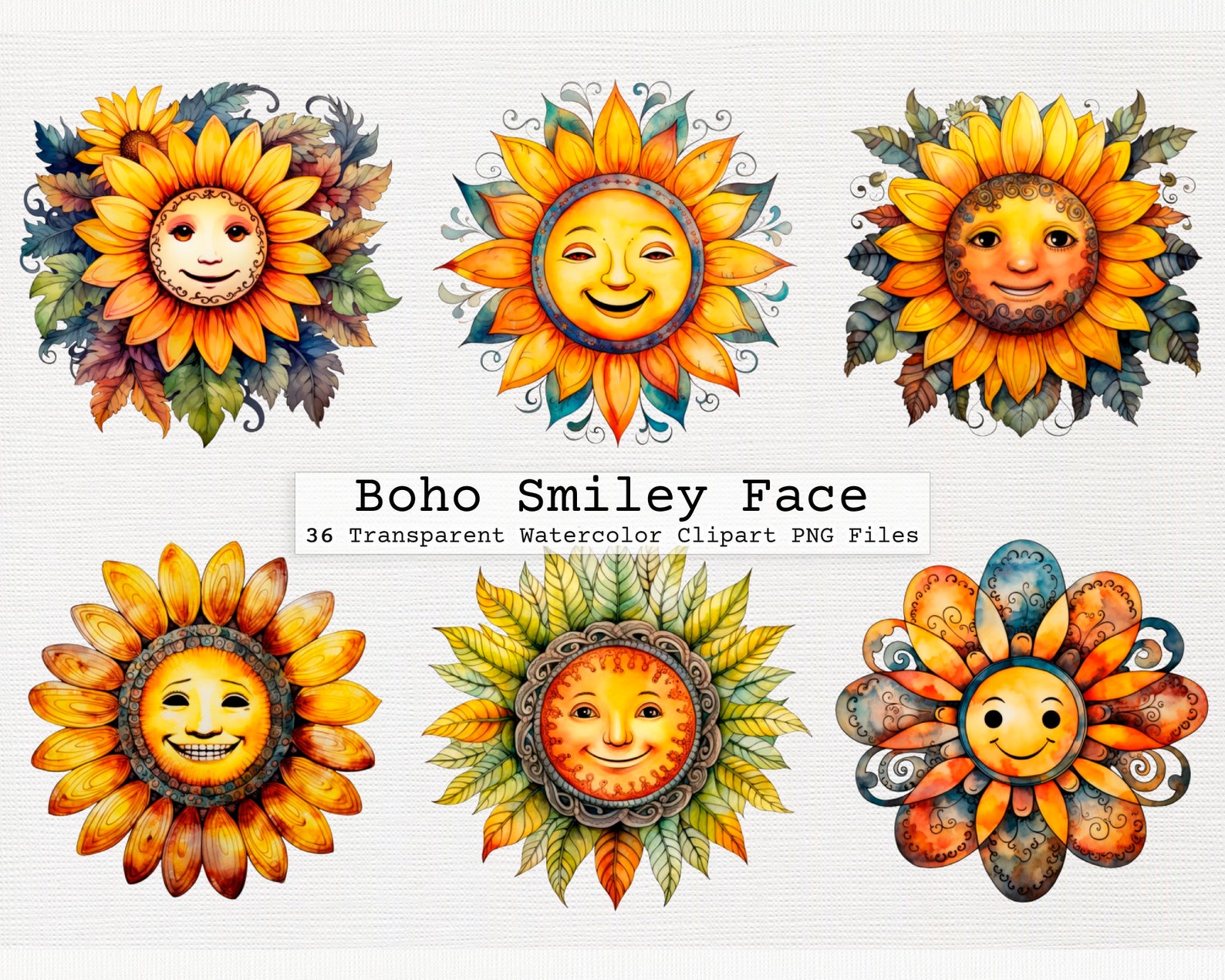 Boho Smiley Face Clipart Bundle of 36 Quality Transparent - Etsy