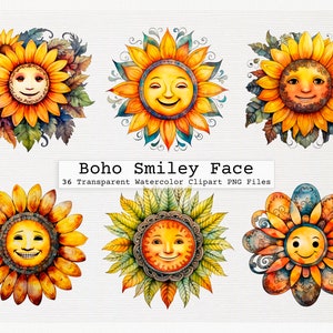 Boho Smiley Face Clipart Bundle of 36 Quality Transparent Watercolor ...