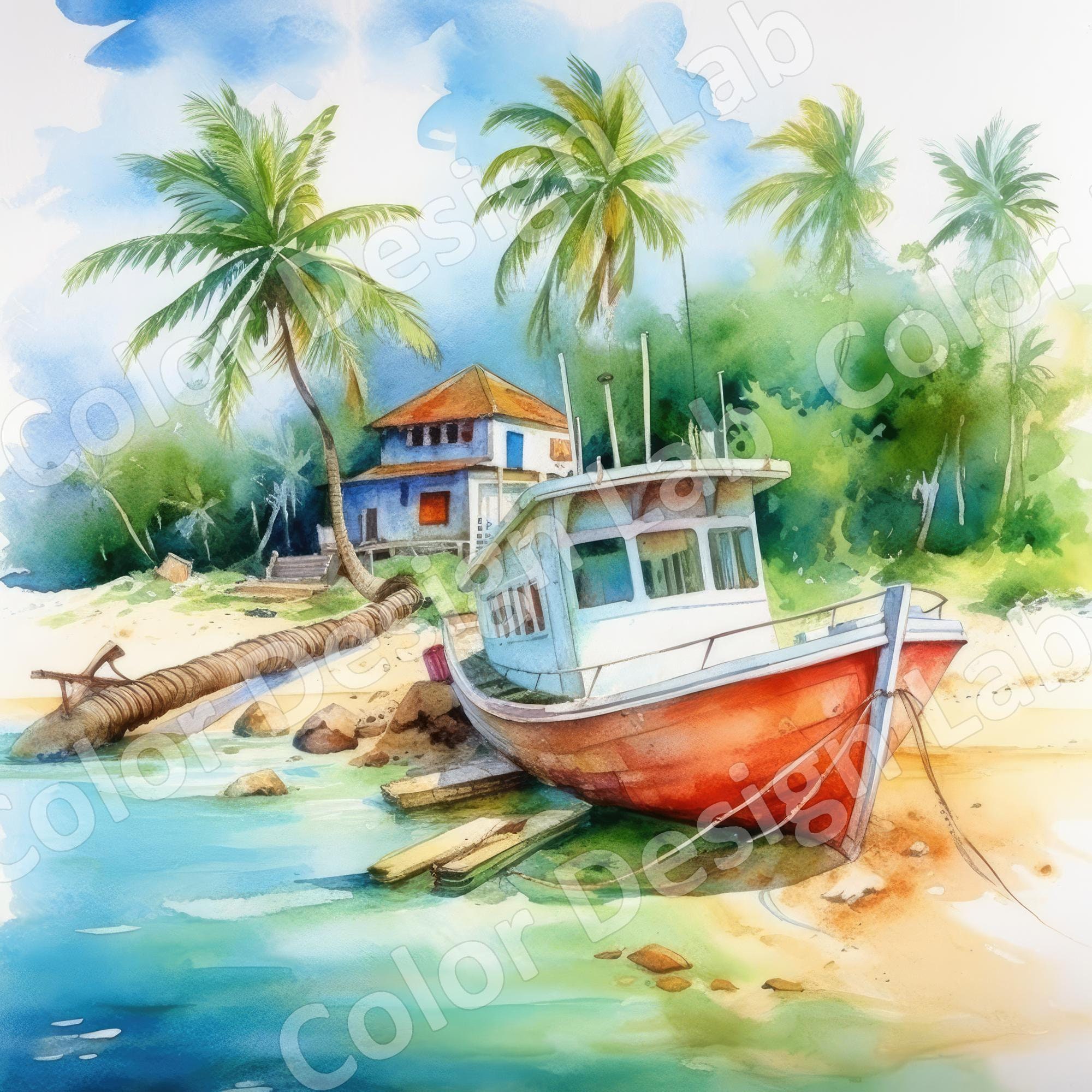 Tropical Beach Boat Scene Printable Wall Art Set of 8 - Etsy