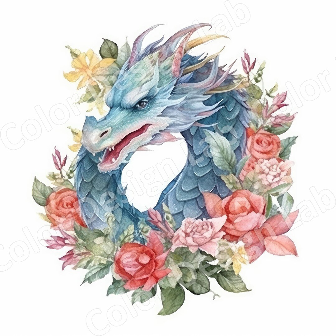 Floral Dragon Printable Clipart Set – 8 Pngs of Fantasy Art, Instant ...