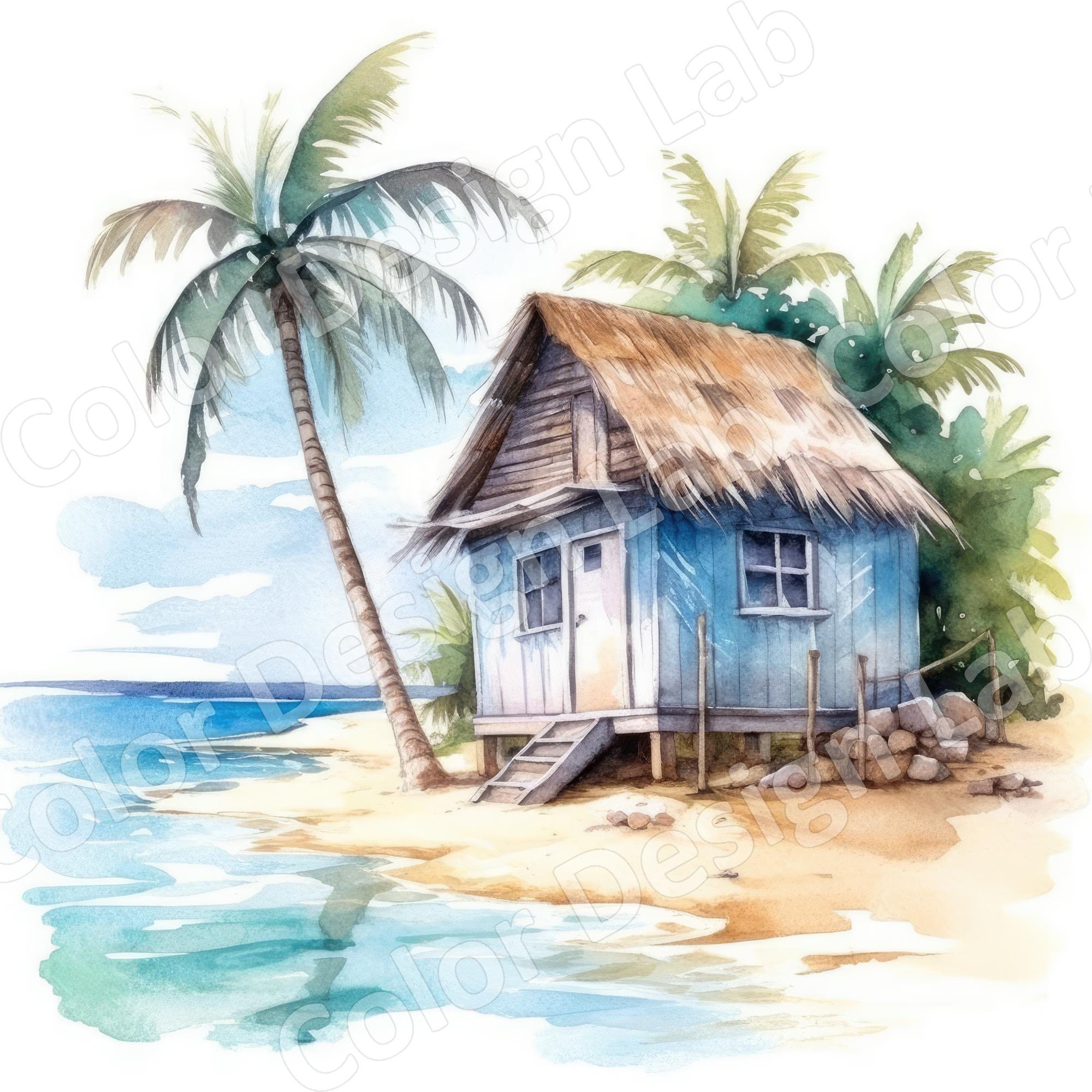Beach Hut on Tropical Shore Printable Wall Art Download, 8 High ...