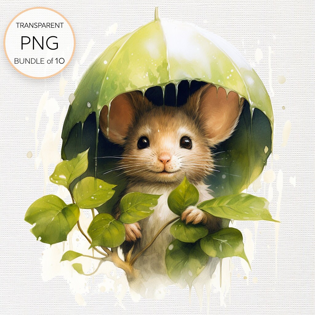Cute Watercolor Mouse Hiding From Rain Clipart - Adorable Rodent ...