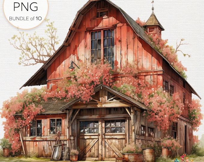Red Barn Clipart Farm House PNG Retro Barn Clipart Bundle Sublimation ...