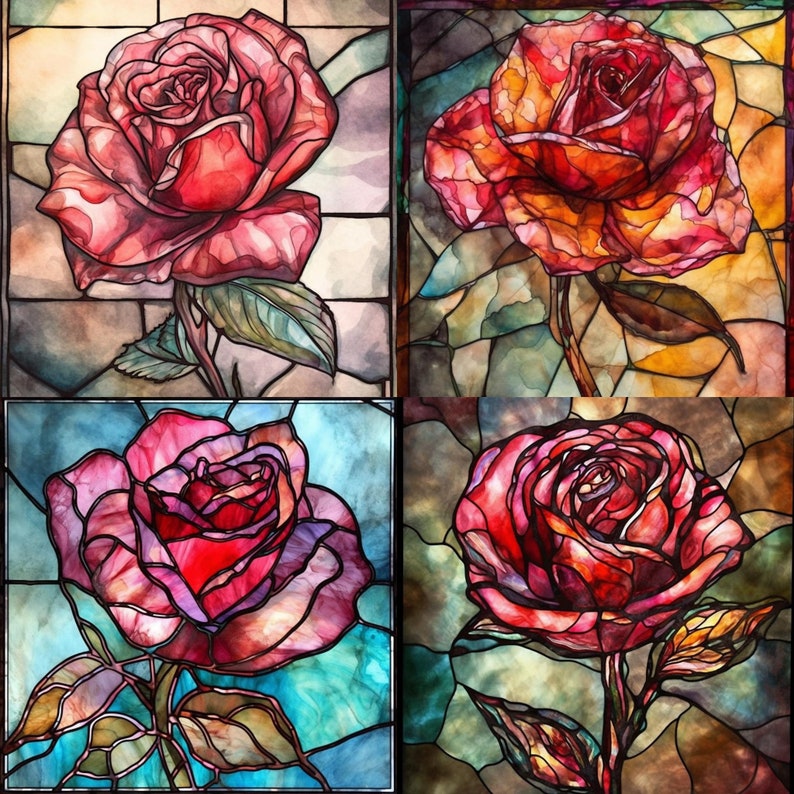 Stained Glass Rose Clipart Set of 8 PNG High Quality - Etsy