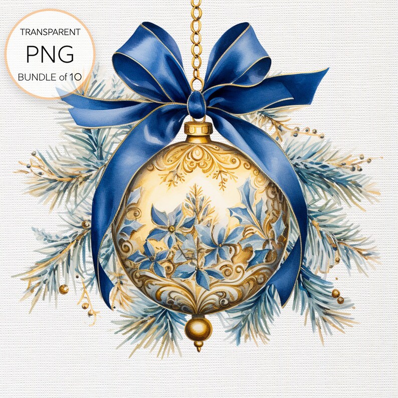 Blue Christmas Decorations Clipart Set of 10 PNG Art Images, Digital ...