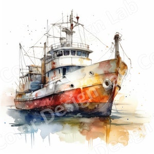 Nautical Trawler Boat Art Printable Clipart, 4 High-resolution Trawler ...