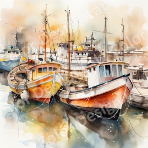 Fishing Boats at Harbor Printable Clipart, Set of 8 High-resolution ...