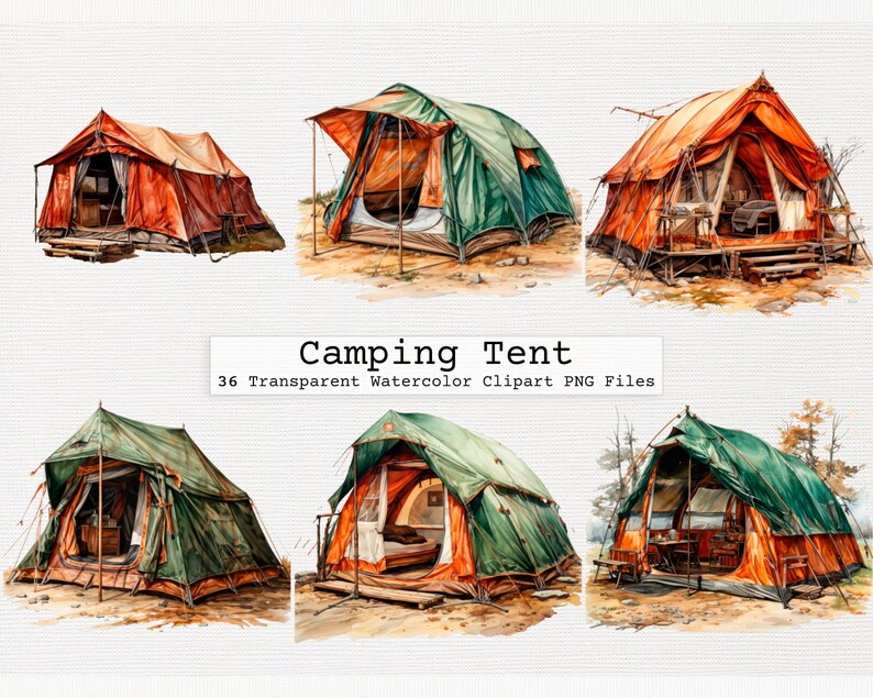 Camping Tent Clipart Bundle - 36 Quality Watercolor Transparent Png ...