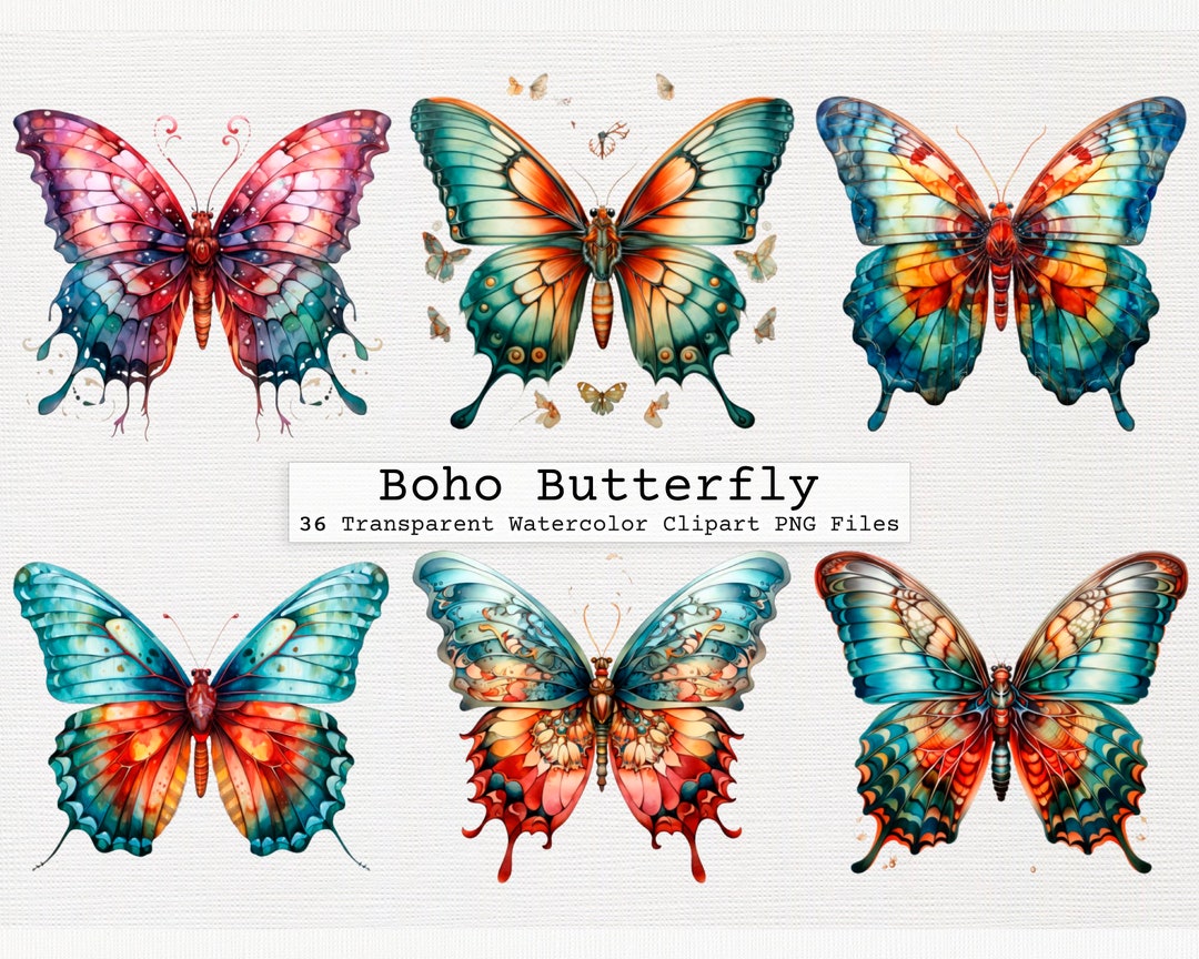 Boho Butterfly Clipart Bundle of 36 Quality Transparent Watercolor Png ...