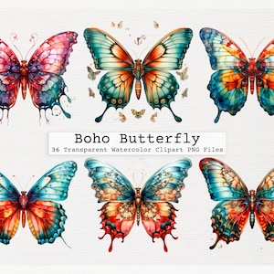 Boho Butterfly Clipart Bundle of 36 Quality Transparent Watercolor Png ...