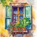Watercolor Mediterranean Window Art, Scenic View Design, Sunlit Seaside ...