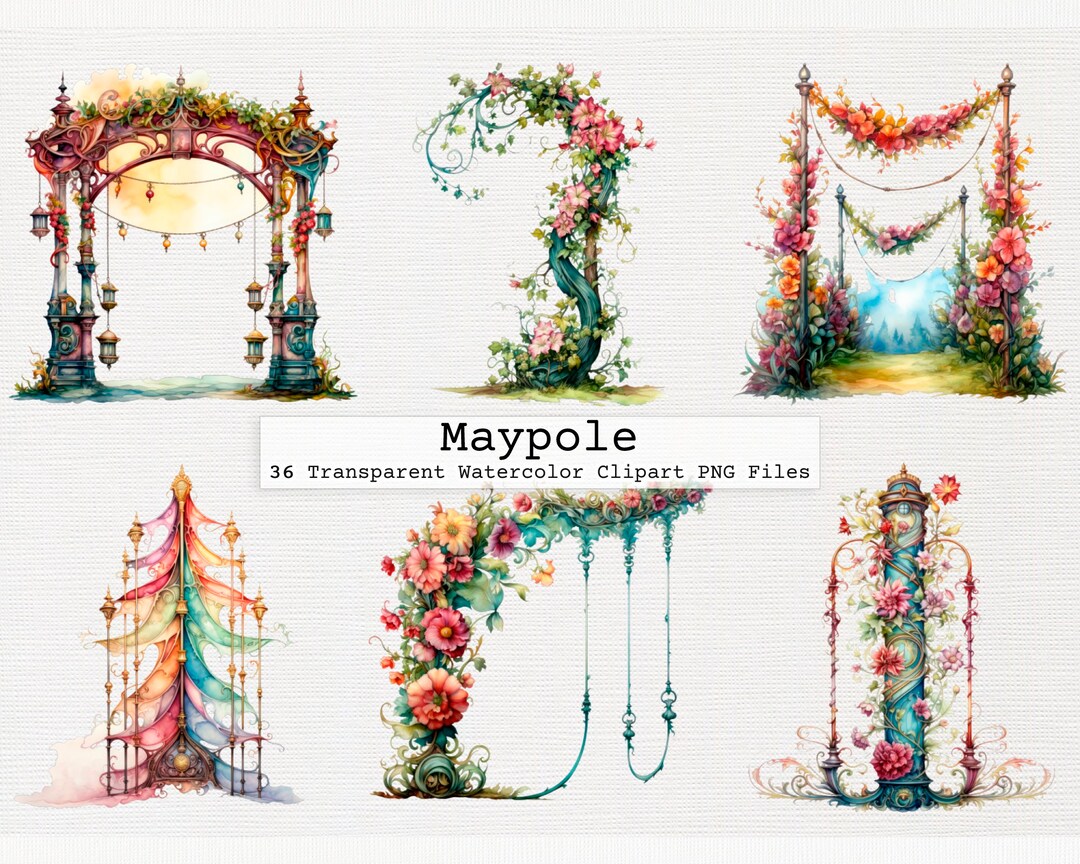 Maypole Clipart Bundle of 36 Quality Transparent Watercolor Png Digital ...