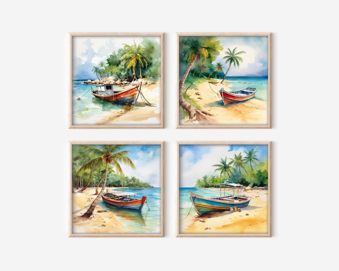 Tropical Beach Boat Scene Printable Wall Art Set of 8 - Etsy