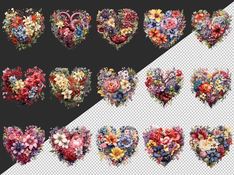 Floral Heart Clipart Bundle of 36 Quality Transparent Floral - Etsy