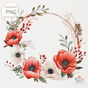 Poppy Wreath Clipart: Bundle of 10 Transparent Pngs, Floral Elegance ...