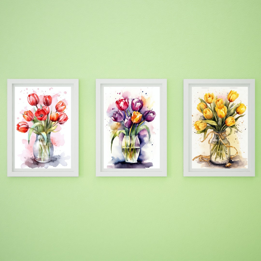Set of 3 Tulip Flower Bouquets, Watercolor , Tulip Prints, Floral Print ...