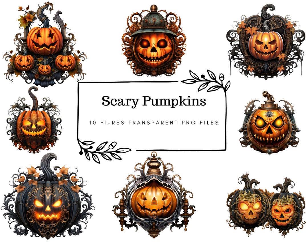 Halloween Clipart - 10 Scary Pumpkins, Hi-res Transparent PNG - Etsy