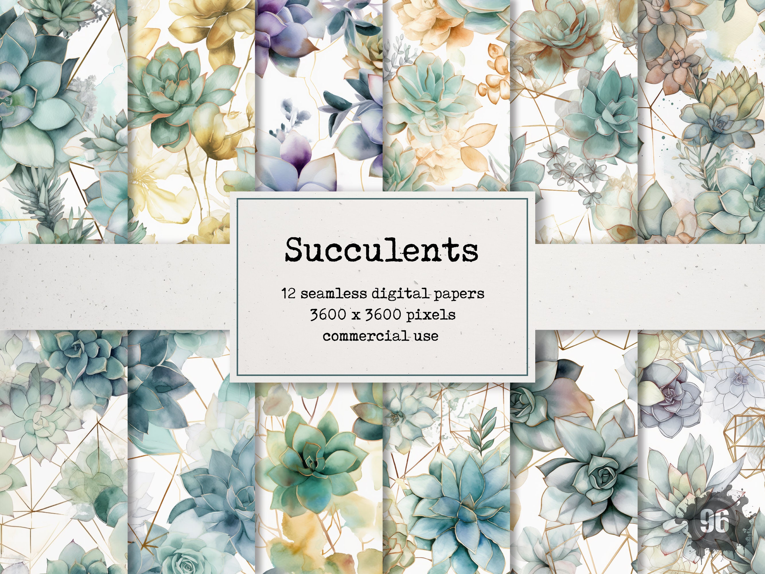 Succulents Digital Paper Seamless Repeat Pattern, Beautiful Painted ...