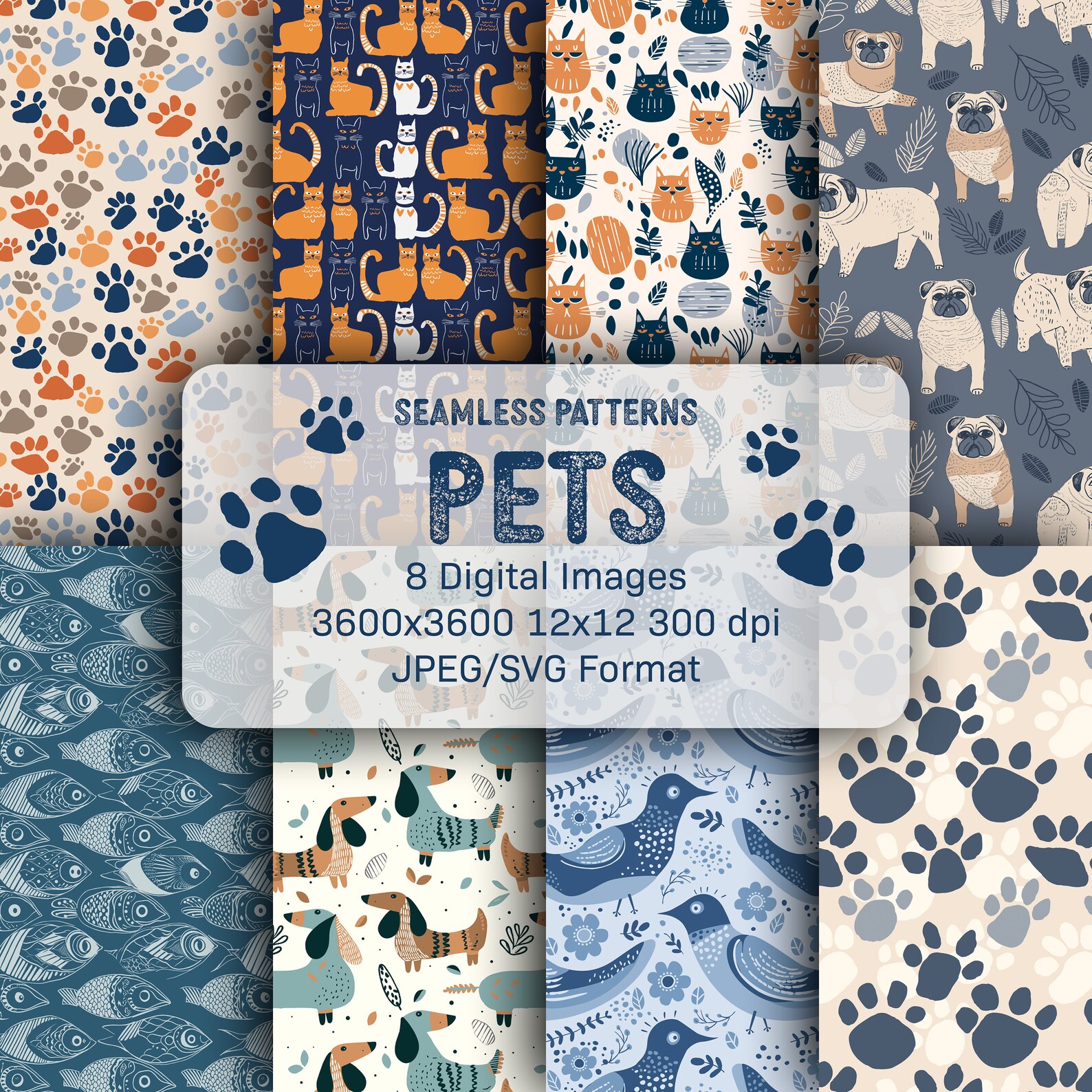 Pet Themed Digital Paper - Seamless Colorful Animal Printable Patterns ...