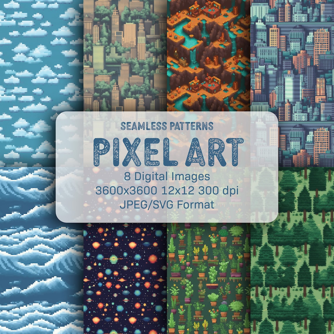 Pixel Art Themed Digital Paper - Seamless Colorful, Printable Patterns ...