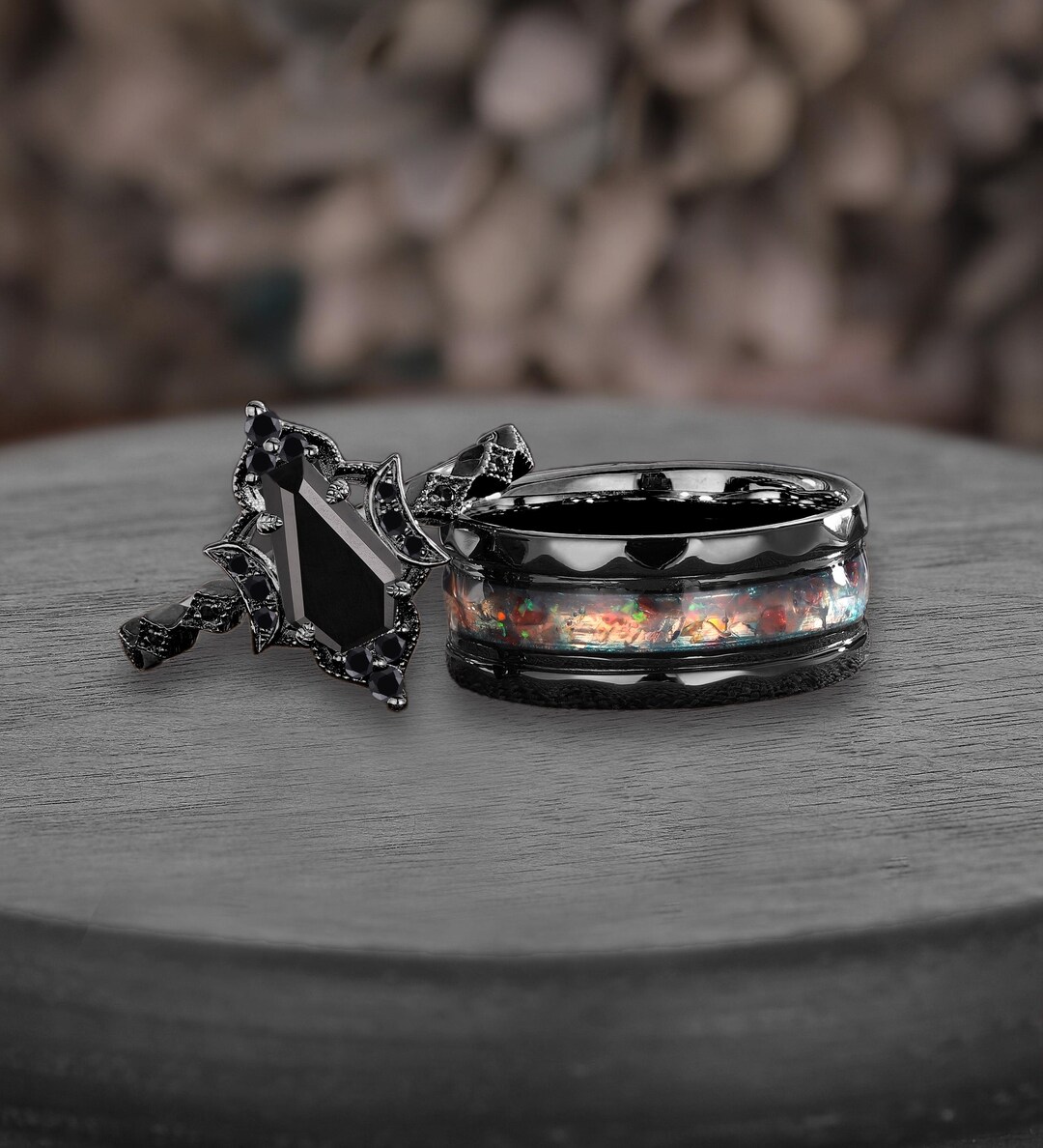 Gothic Coffin Black Onyx Couple Ring Set Black Gold Matching Promise ...