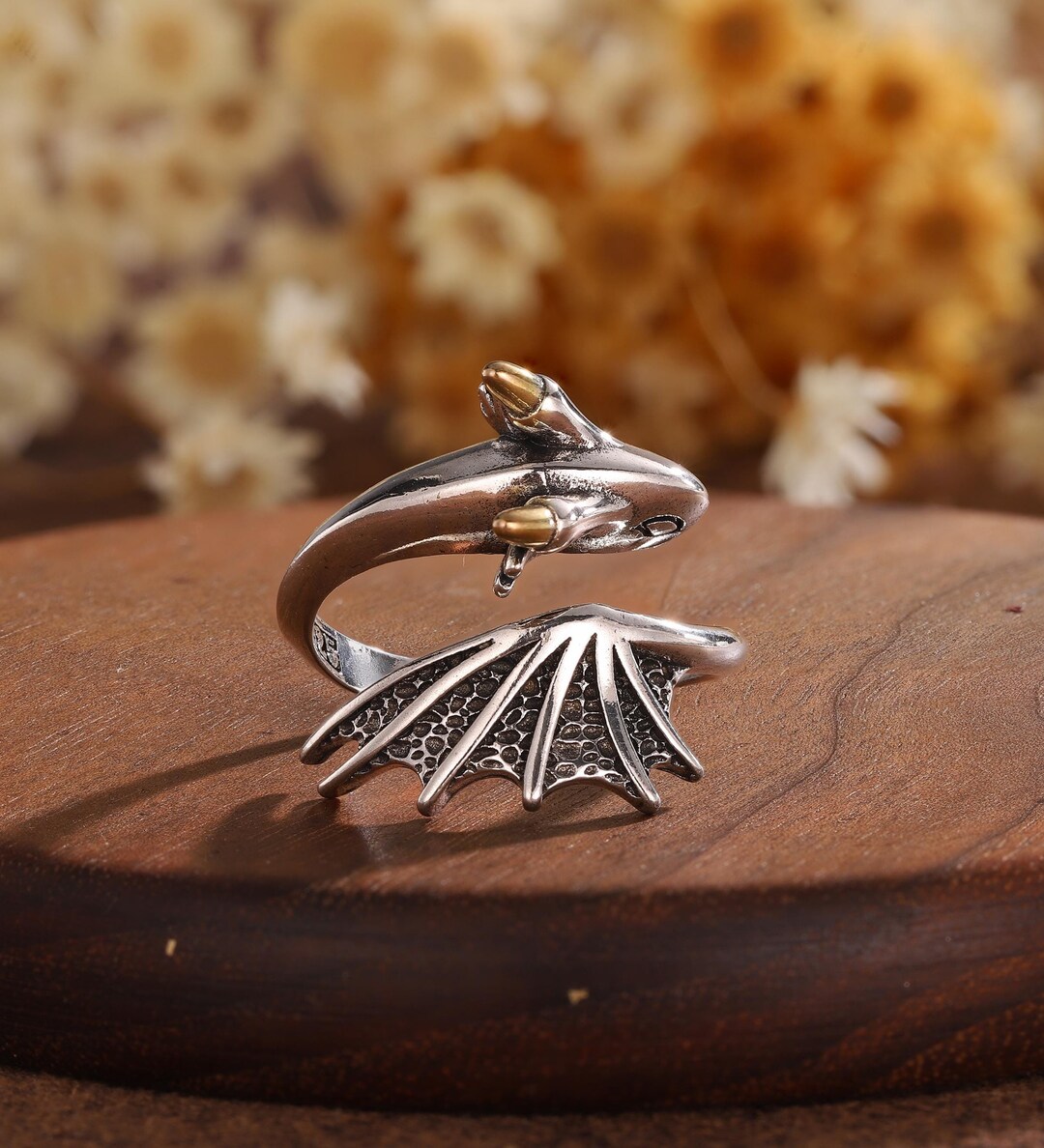 S925 Sterling Silver Dragon Wing Tail Ring Vintage Adjustable Open Ring ...